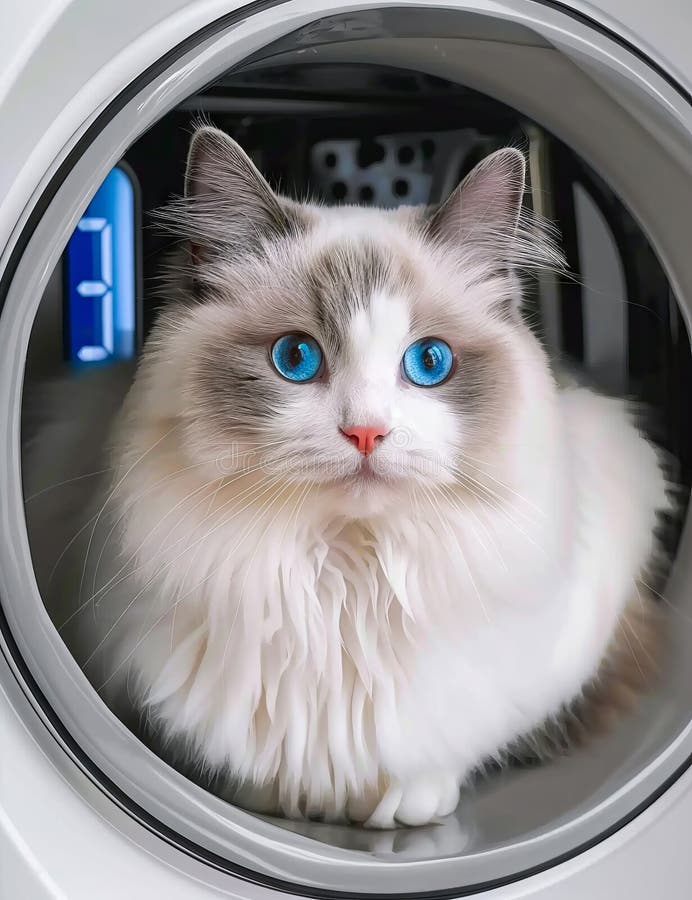A Cat with Blue Eyes Sitting Inside a Washing Machine Stock Image ...