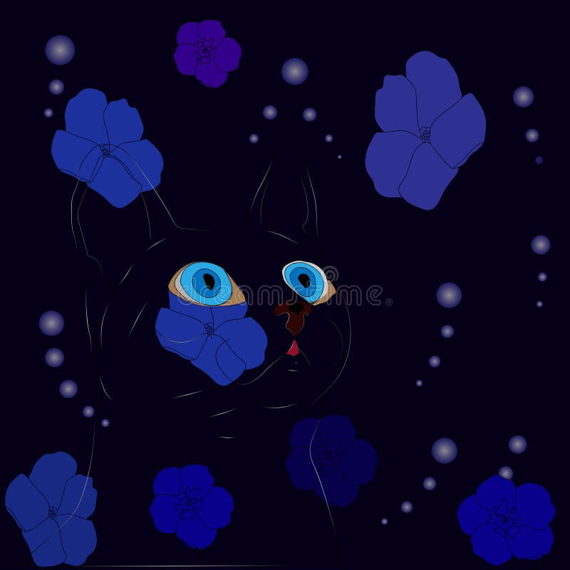Cat Silhouette on Deep Blue Background. Blue Eyed Cat, Flowers and ...
