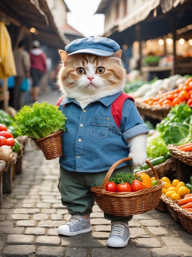 A Cat in a Blue Overalls Stands in Front of Baskets of Vegetables Stock ...