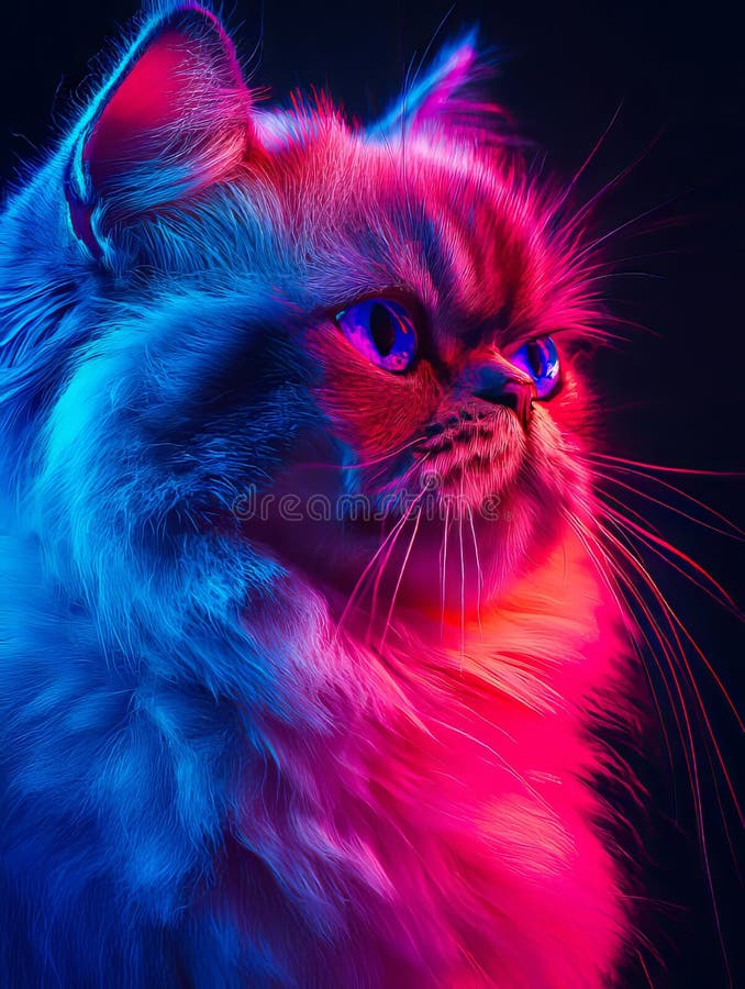 A Cat with Blue and Red Lights on it S Face Stock Image - Image of ...