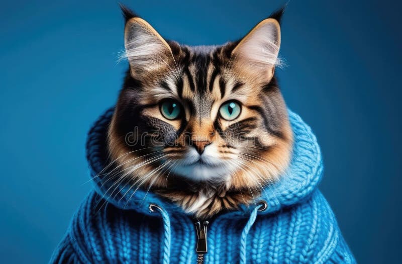 A Cat in a Blue Sweater Looks Interested in the Frame, the Cat S Ears ...
