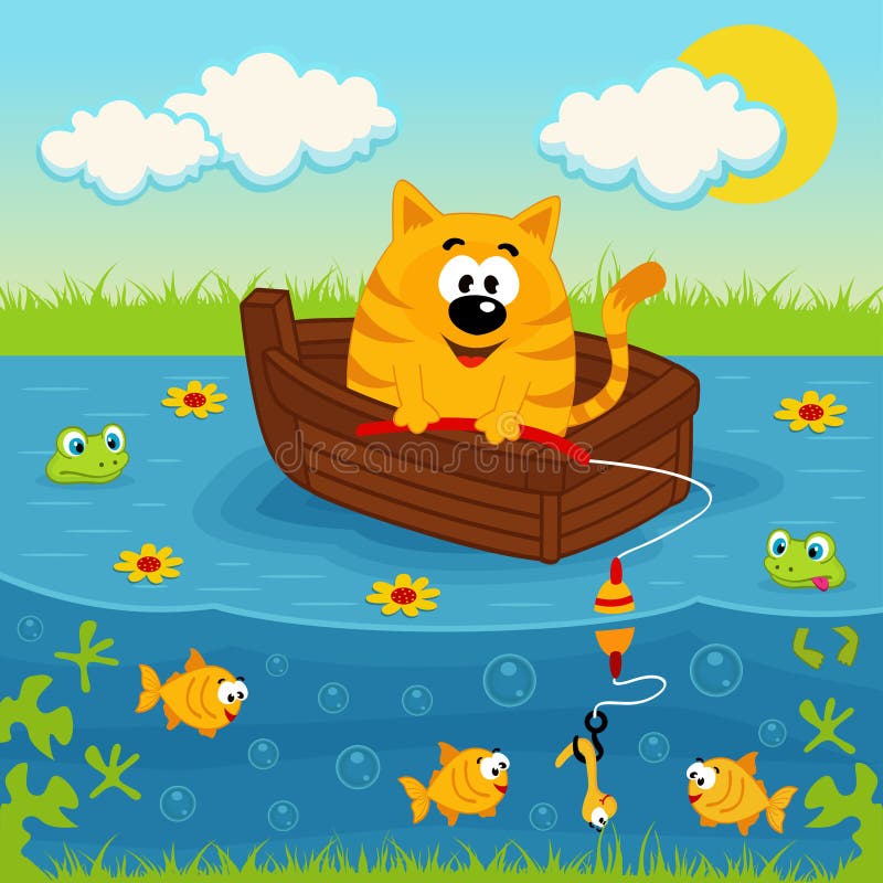 Cat on a Boat Fishing in a Pond Stock Vector - Illustration of lake ...
