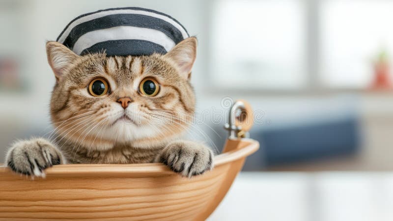 A Cat in a Boat with Hat on Looking at Camera, AI Stock Image - Image ...