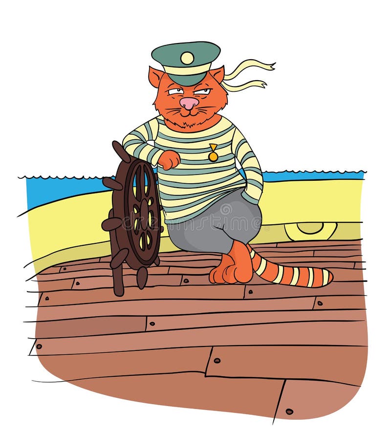 Cat Boatswain at the Helm of the Ship, Vector Illustration. Stock ...