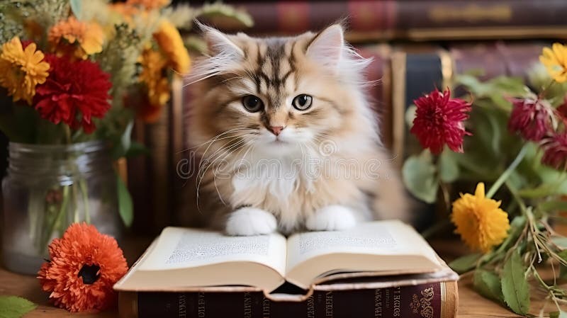 Cat Book Club: Illustration of a Cat Reading a Book Stock Illustration ...
