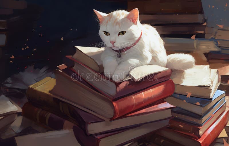 Cat on Book Stack Work. Generate Ai Stock Illustration - Illustration ...