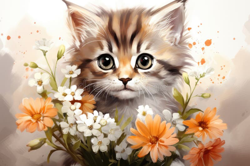 Cat with Bouquet of Flowers, Watercolor Drawing Style Stock Image ...