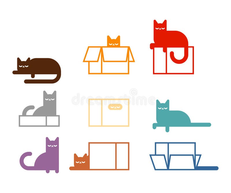 Cat in Box Set. Pet Inside Carton Case Sign Stock Vector - Illustration ...