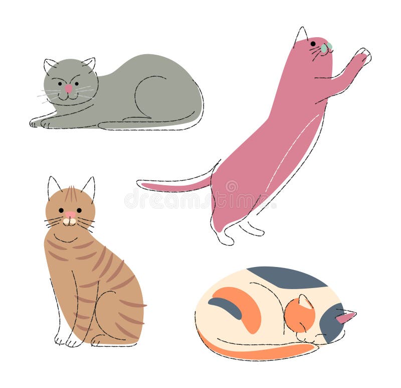 Cat Breeds Set 4 . Flat Shape and Pencil Line Drawing Design Stock ...