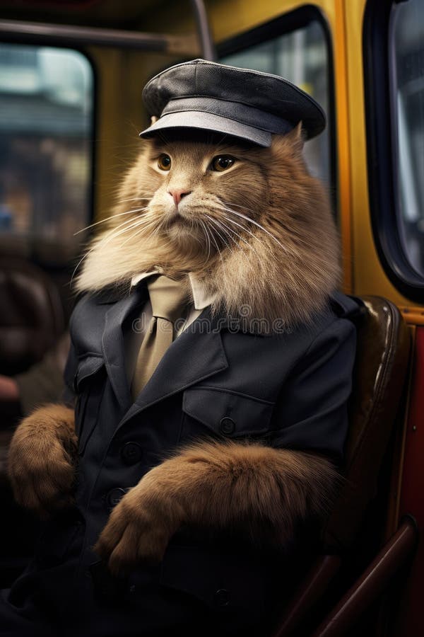 A Cat Bus Driver Wearing a Hat Sitting on a Bus. Stock Image - Image of ...