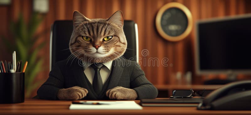 Cat in Business Suit Sitting at Desk in Office Environment with Serious ...
