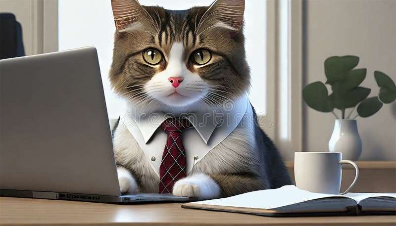 Cat in Business Suit and Tie Working on Laptop at Workplace. AI ...
