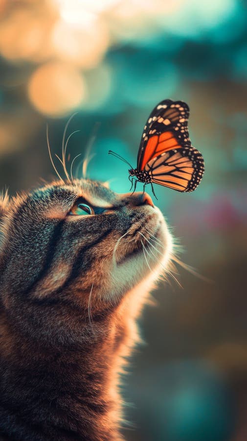 Cat and Butterfly Interaction in Warm Light, Nature Concept Stock Image ...
