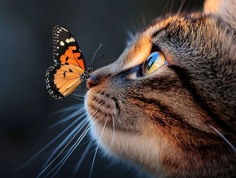 A Cat with a Butterfly on Its Nose Stock Image - Image of elevated ...