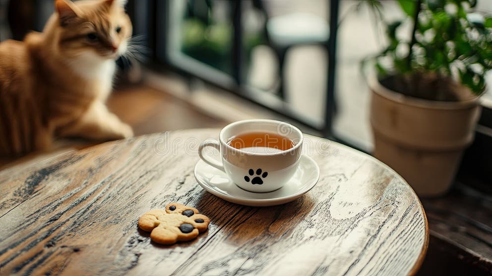 A Cat Caf Table with a Small Cup of Tea and a Paw Print Cookie beside ...