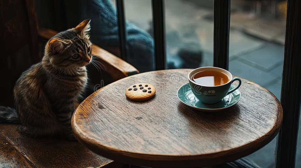 A Cat Caf Table with a Small Cup of Tea and a Paw Print Cookie beside Stock Image - Image of ...