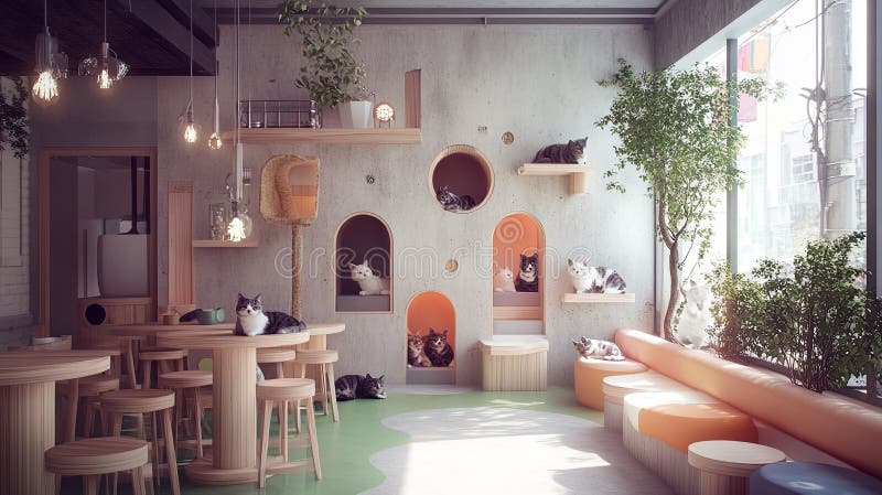 Cat Cafe with a Chic Design and Cats Lounging Near Tables.. Stock Image ...