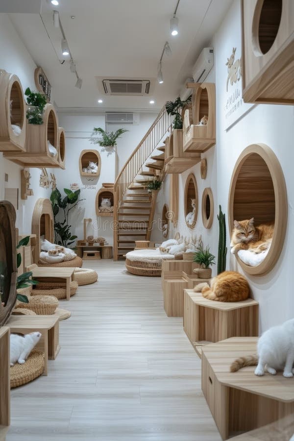 A Cat Cafe with Many Cat Beds and a Cat Sleeping on a Couch Stock Photo ...