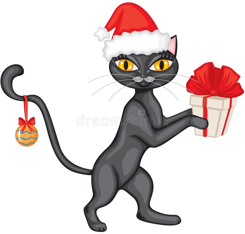 Cat in the cap with a gift stock vector. Illustration of present - 27583125