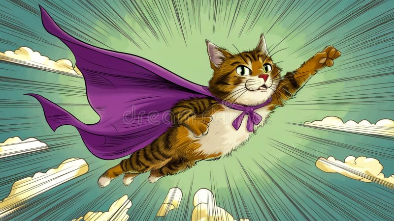 A Cat in a Cape Flying in the Sky. 02. Stock Illustration ...