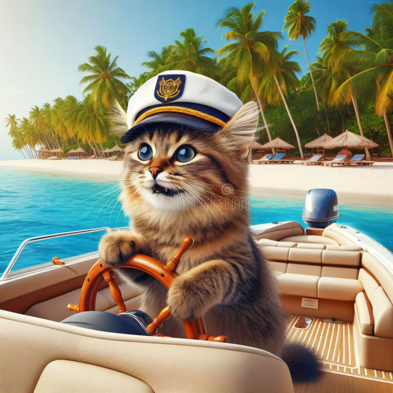 Cat in Captain S Cap Drives Speedboat on Vacations. Watersport Activity ...