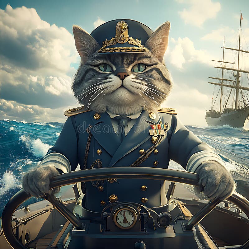 A Cat in a Captain S Uniform Steers a Boat on the Sea Stock ...
