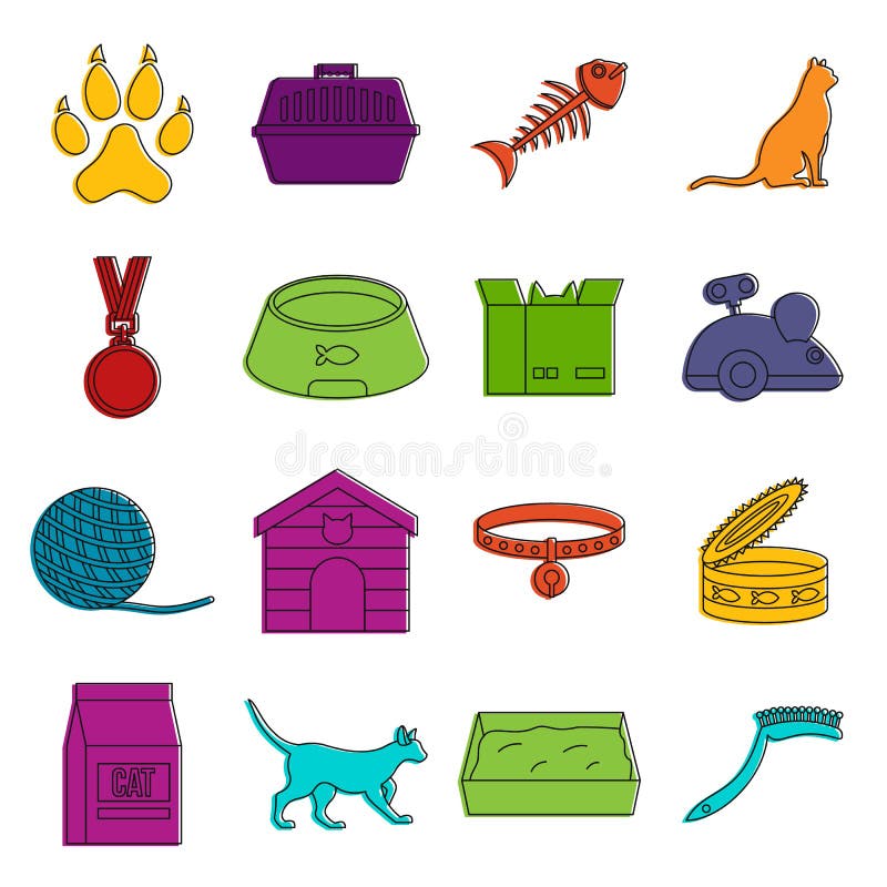 Cat Care Tools Icons Set Purple Stock Vector - Illustration of head ...