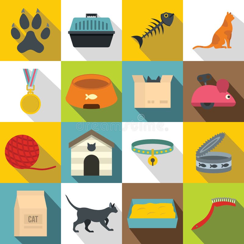 Cat Care Tools Icons Set, Flat Style Stock Vector - Illustration of ...