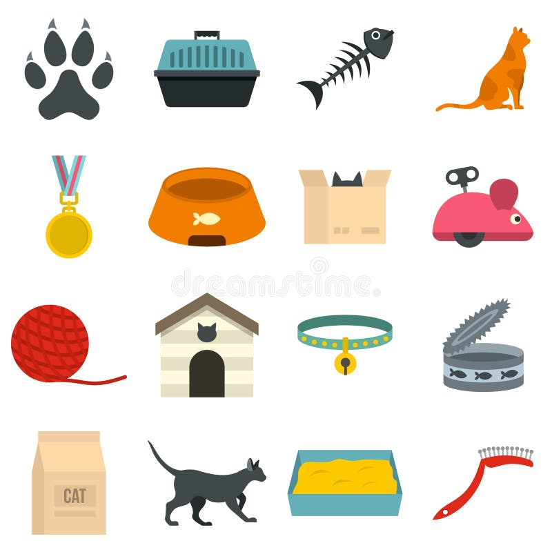 Cat Care Tools Icons Set in Flat Style Stock Vector - Illustration of ...