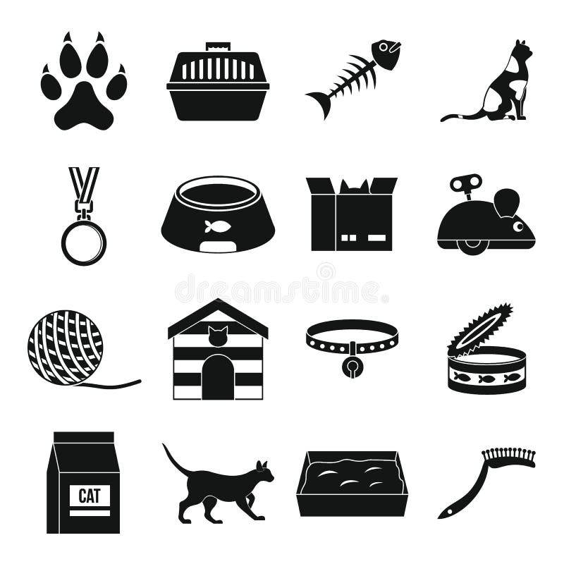 Cat Care Tools Icons Set, Simple Style Stock Vector - Illustration of ...