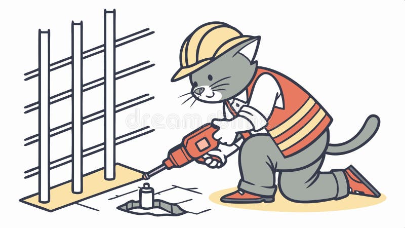 Cat Carpenter Using Electric Planer on Wood at Workshop Vector Design ...