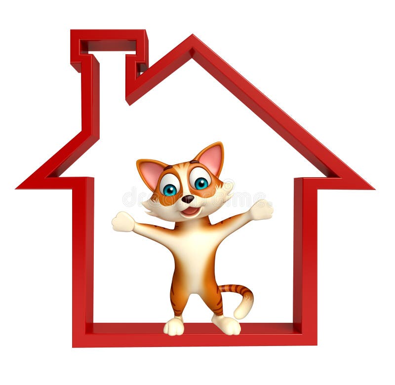 Cat Cartoon Character with Home Sign Stock Illustration - Illustration ...