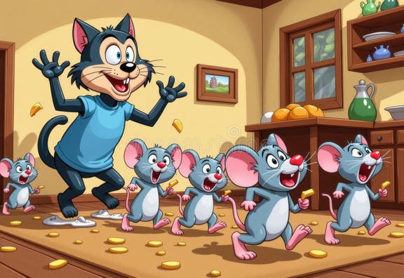 A Cat Cartoon Chasing Mice stock illustration. Illustration of feline ...