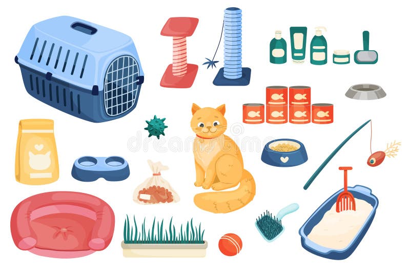 Cat and Cat Supply Items Set. Stock Vector - Illustration of toys ...