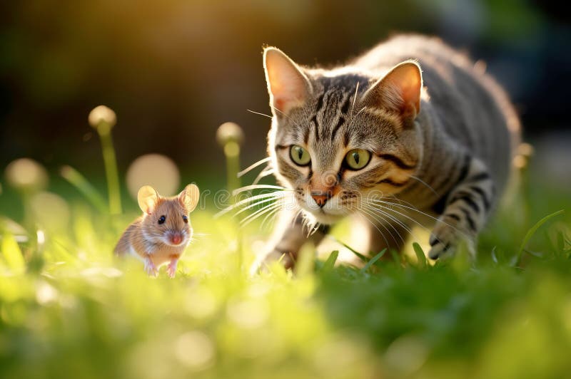 The Cat Catches the Mouse on the Green Grass Stock Illustration ...