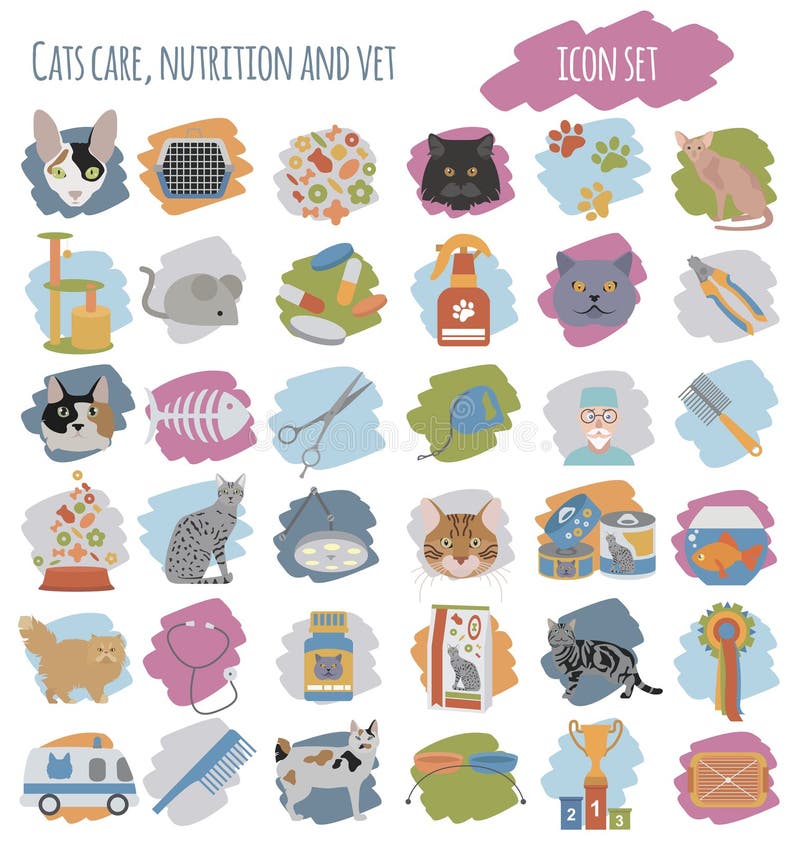 Cat Characters and Vet Care Icon Set Flat Style Stock Vector ...