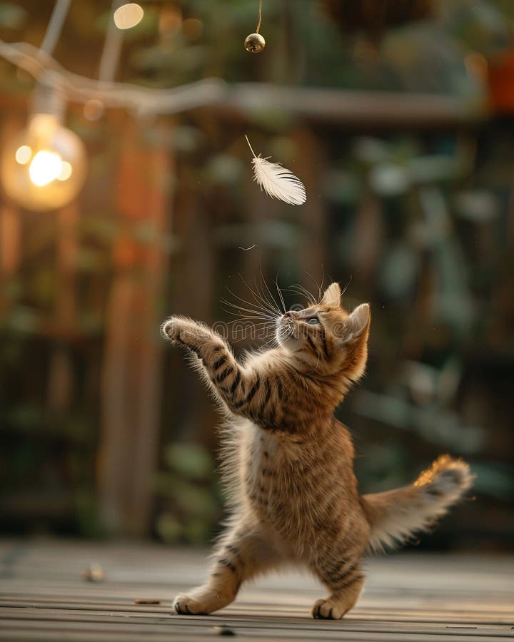 Cat Chasing a Feather Toy Under a Rustic Porch Light, Focus on, Playful ...