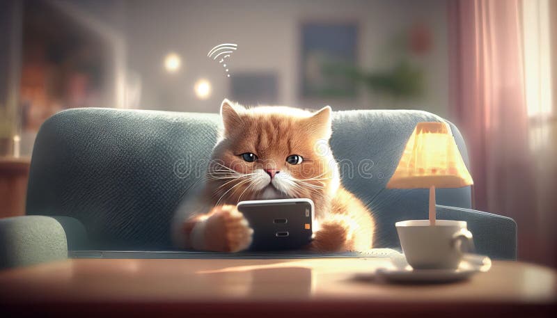Cat checking his phone stock illustration. Illustration of relaxing ...