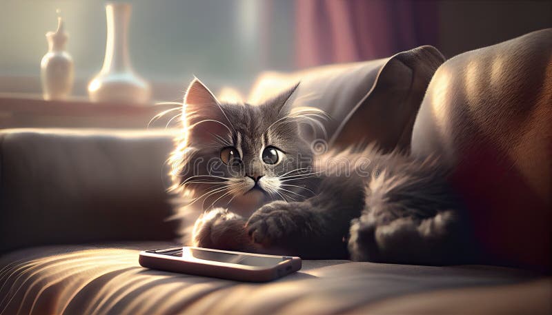 Cat checking his phone stock illustration. Illustration of checking ...