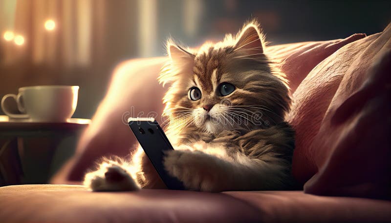 Cat checking his phone stock photo. Image of connected - 287359108