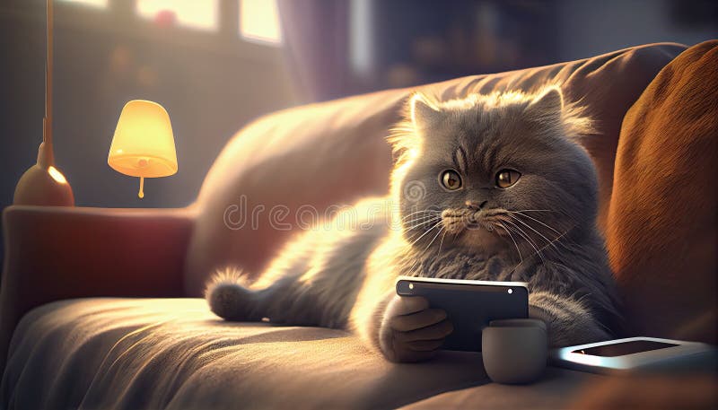 Cat checking his phone stock illustration. Illustration of cellphone ...