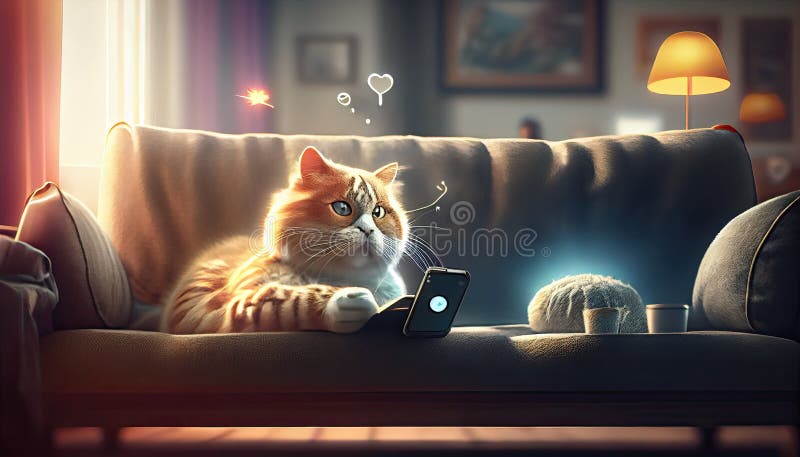 Cat checking his phone stock illustration. Illustration of gudget ...