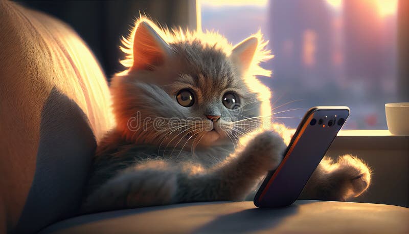 Cat checking his phone stock illustration. Illustration of conference ...