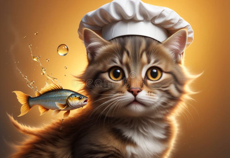 Cat Chef in a Chef S Hat with Fish Stock Photo - Image of fast, lunch ...