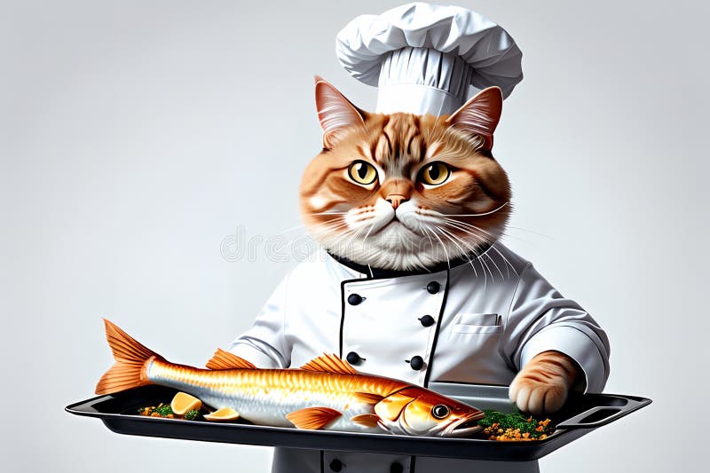 Cat chef with cooked fish stock image. Image of creative - 313129919
