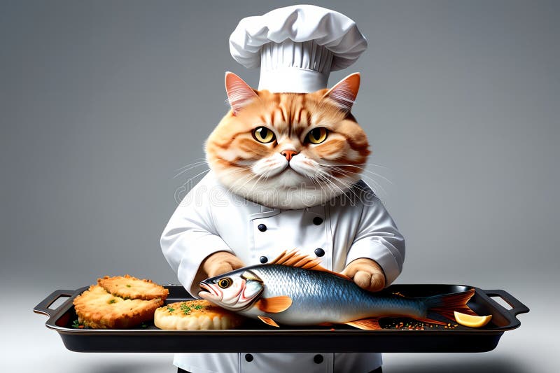 Cat chef with cooked fish stock illustration. Illustration of lunch ...