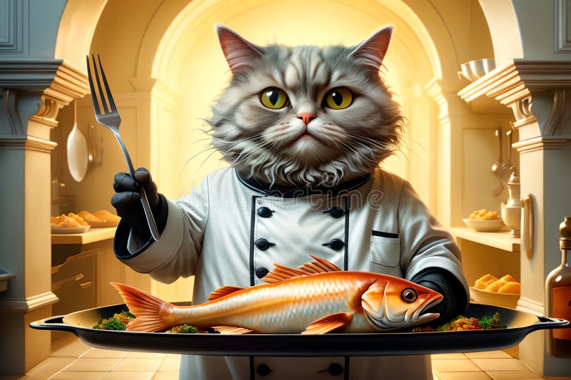 Cat chef with cooked fish stock illustration. Illustration of ...