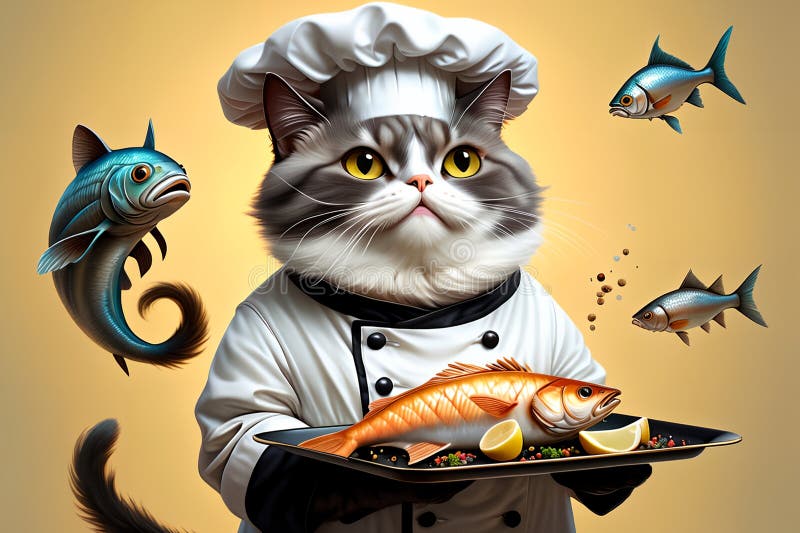 Cat chef with cooked fish stock photo. Image of food - 311197120