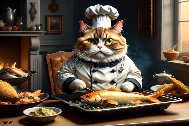 Cat chef with cooked fish stock photo. Image of fluffy - 311197130