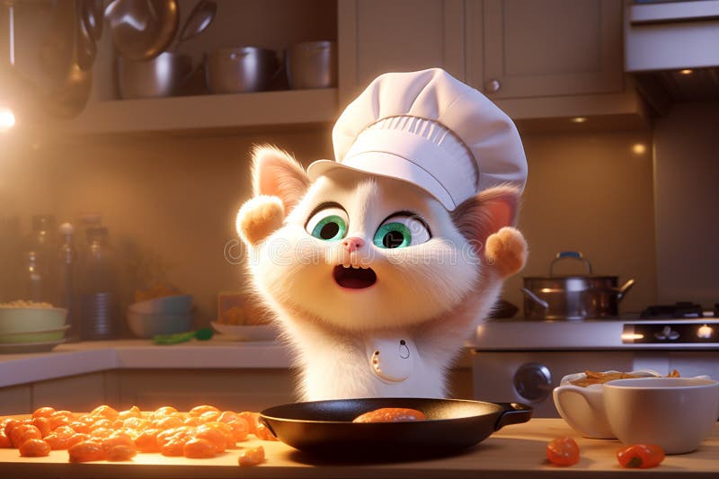 Cat is a Chef Cooking in Kitchen, 3d Realism Style Cartoon Character ...